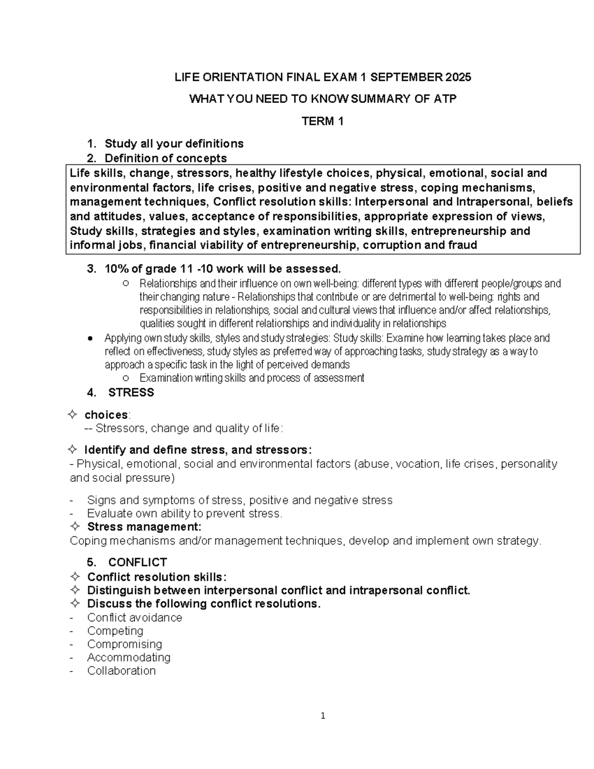 LIFE ORIENTATION FINAL EXAM 1 SEPT 2025 SCOPE & STUDY GUIDE - Studocu
