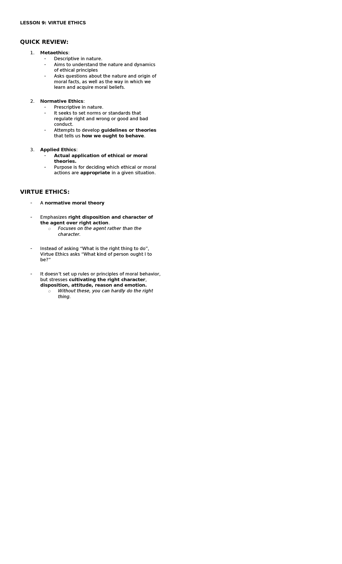 Lesson 9: Quick Review of Virtue Ethics Concepts - Studocu