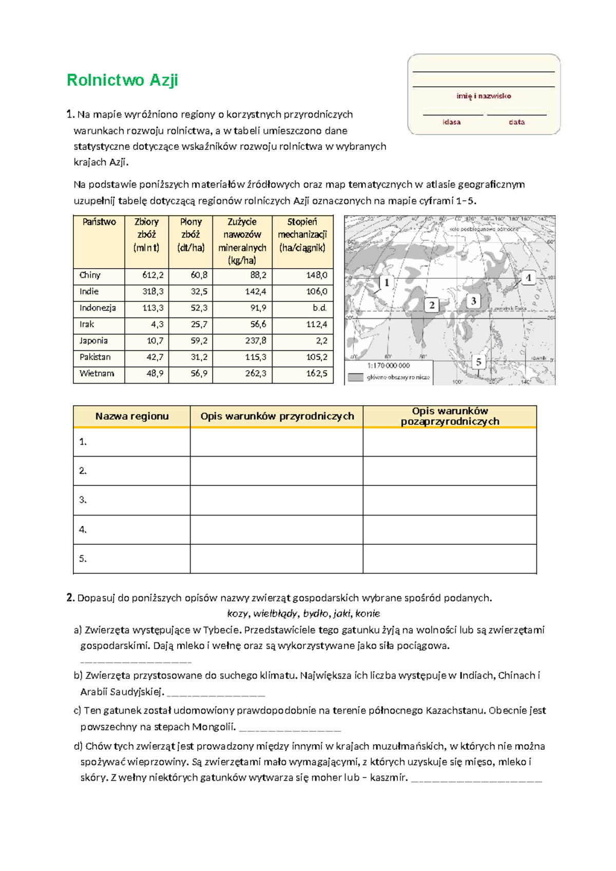 Rolnictwo Azji: Warunki i Statystyki Rozwoju (Karta Pracy) - Studocu