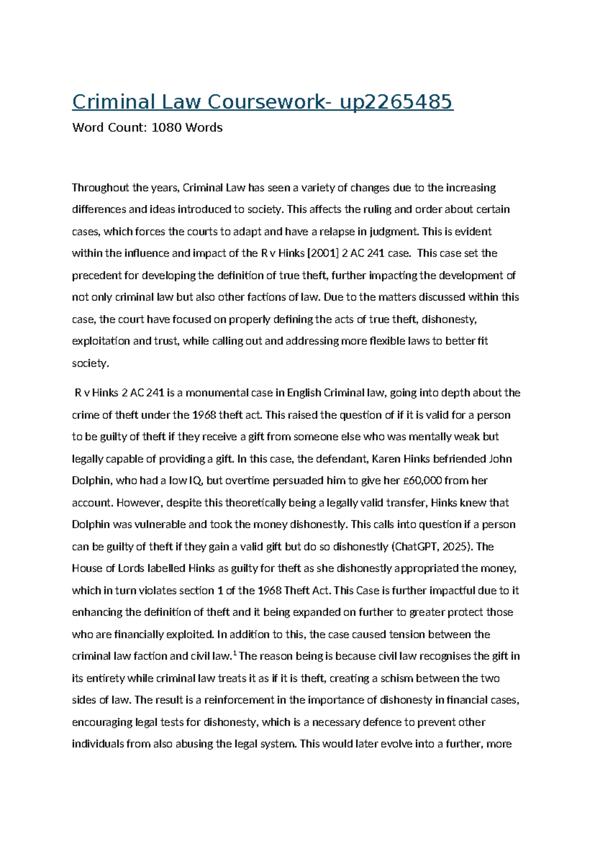 Criminal Law Coursework: R v Hinks Case Analysis - up2265485 - Studocu