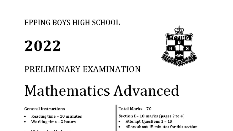 2022 EPPING BOYS HIGH SCHOOL Yr11 Mathematics Advanced Preliminary Exam ...
