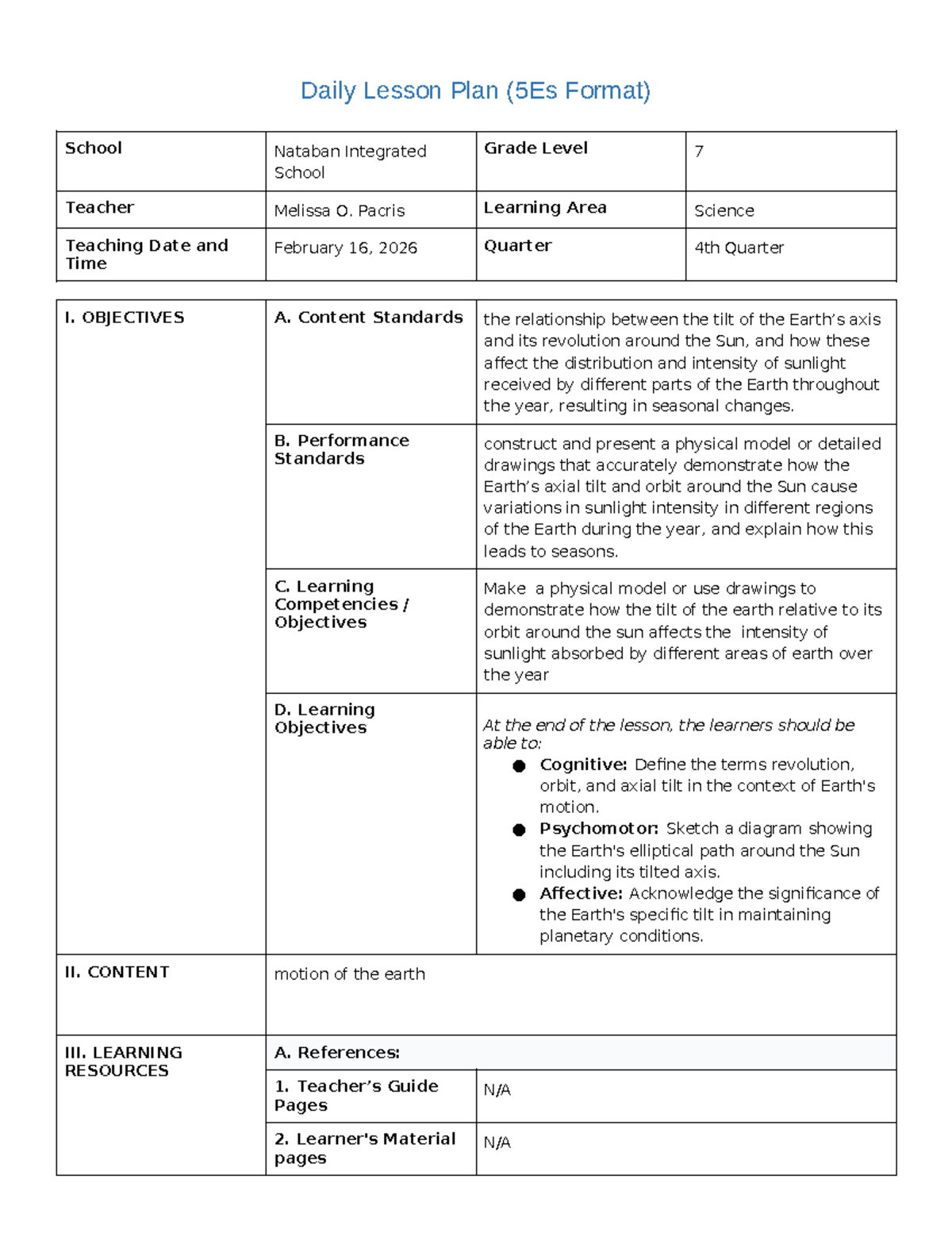 Daily Lesson Plan (5Es Format) for Science 7: Understanding Seasons and ...