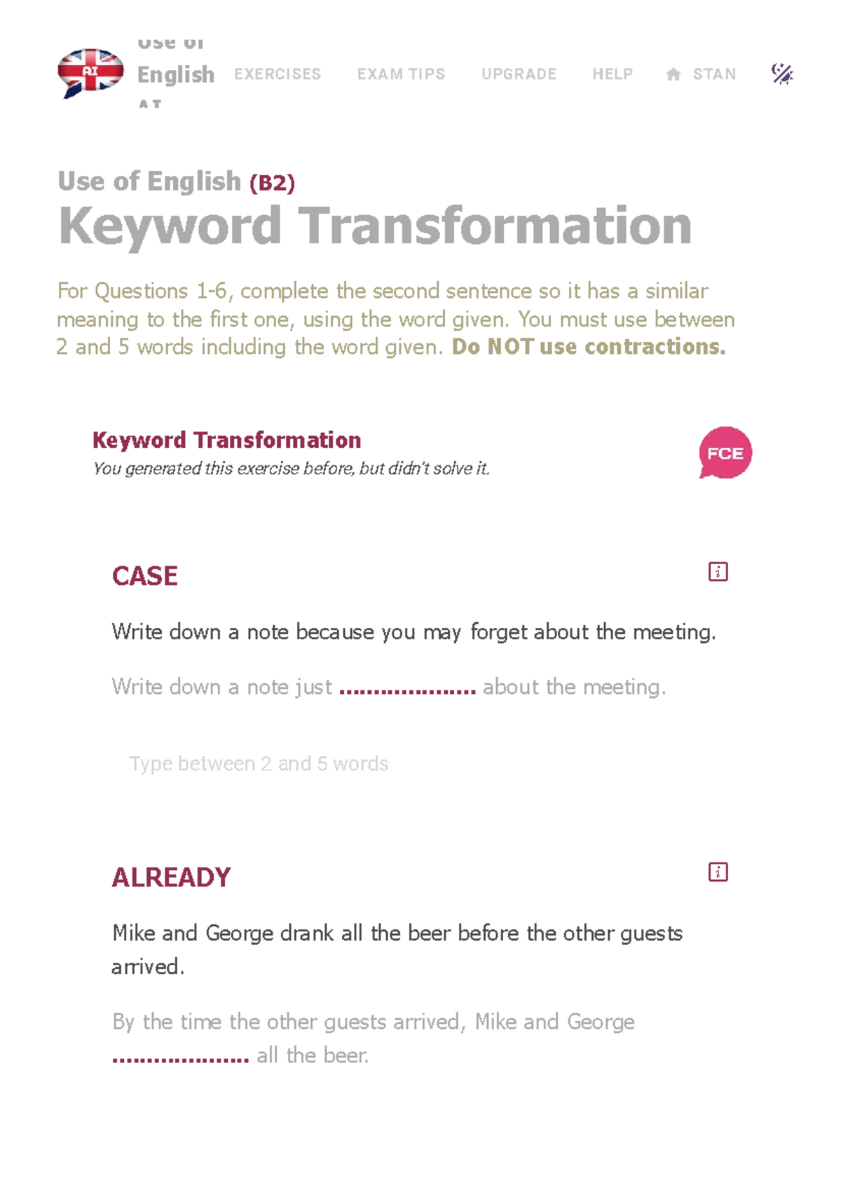 Use of English (B2) Keyword Transformation Exam Tips and Exercises ...