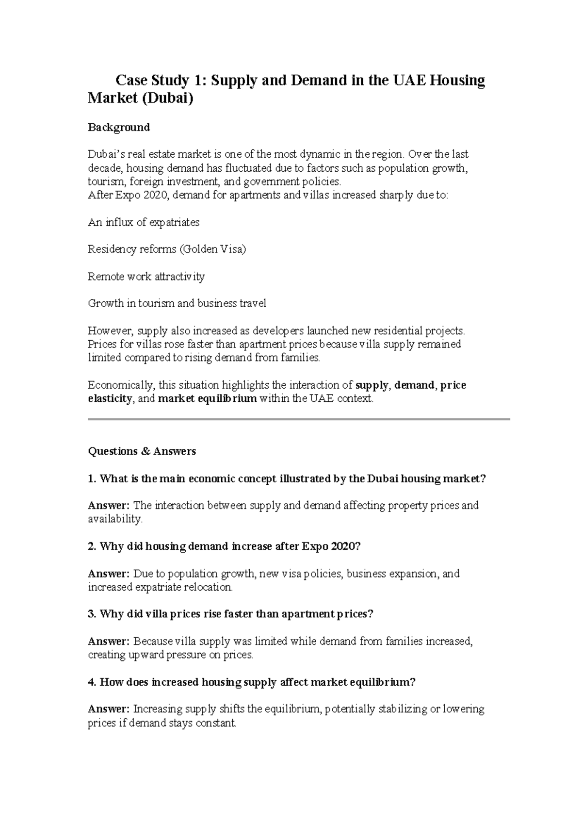 Case Study 1: Supply & Demand in UAE Housing Market - Econ 101 Q&A ...