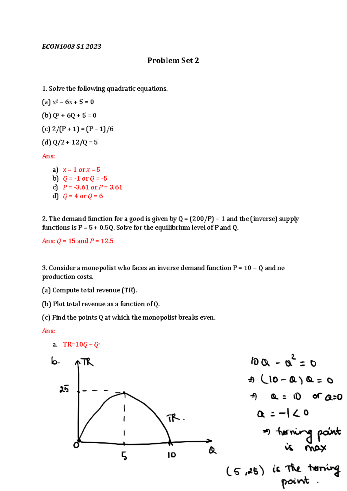 ECON1003 S2 2024 Tutorial 2 Solutions and Problem Set - Studocu