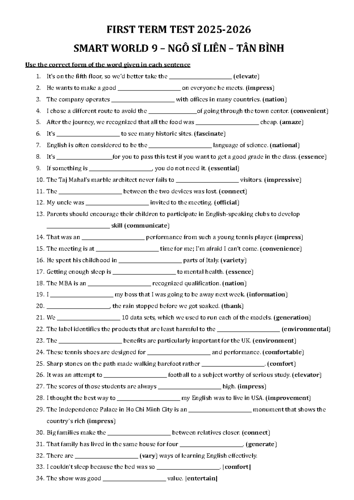 SW9 - First Term Test: Word Form Exercises and Transformations - Studocu