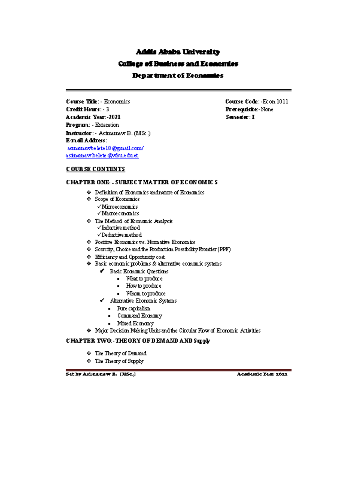 Introduction to Economics Course Outline - Addis Ababa UniAddis Ababa ...