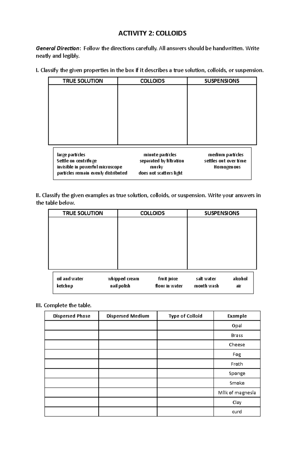 Activity 2: Colloids Classification and Examples - Studocu
