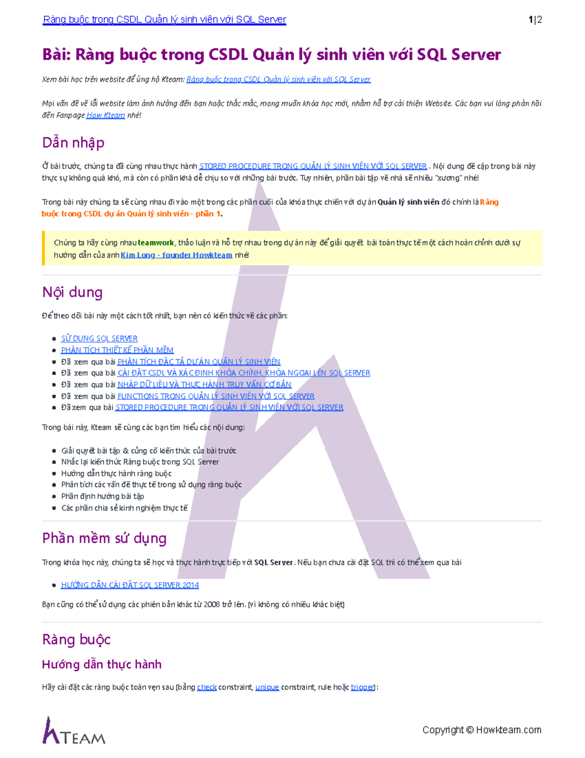 Ràng buộc trong CSDL Quản lý sinh viên với SQL Server - Phần 1 - Studocu