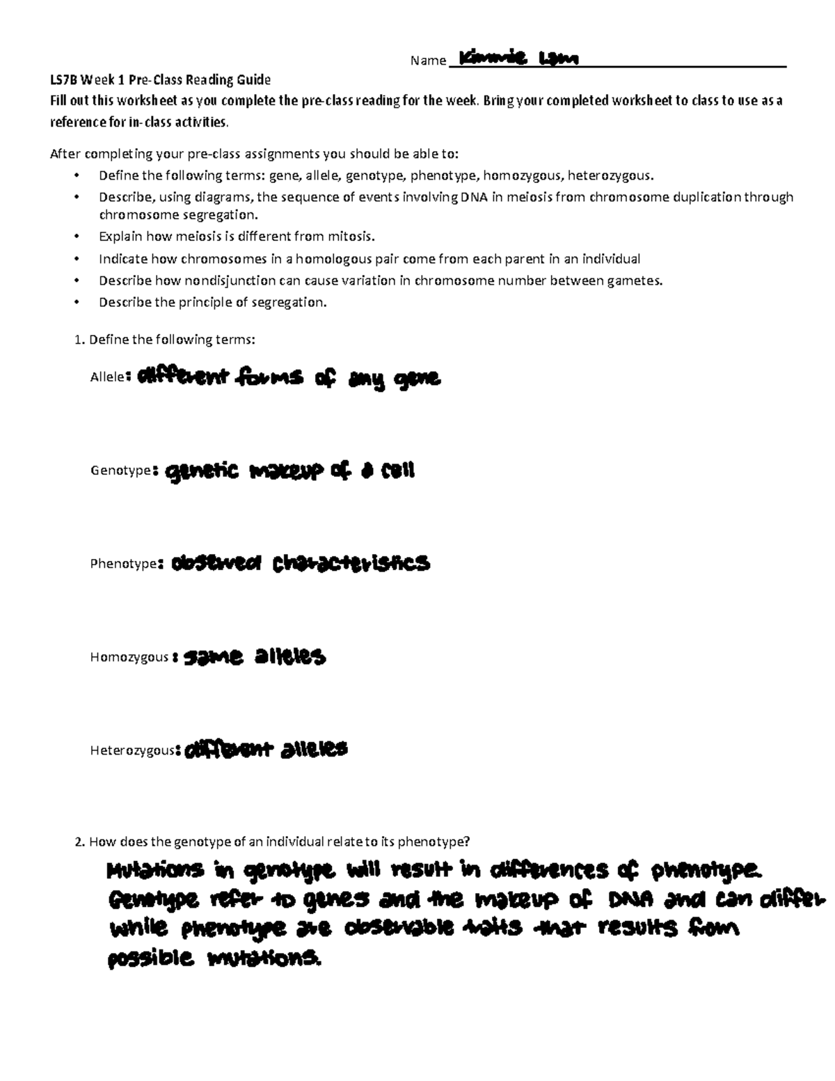LS7B Week 1 Reading Guide: Meiosis and Genetic Terms - Studocu