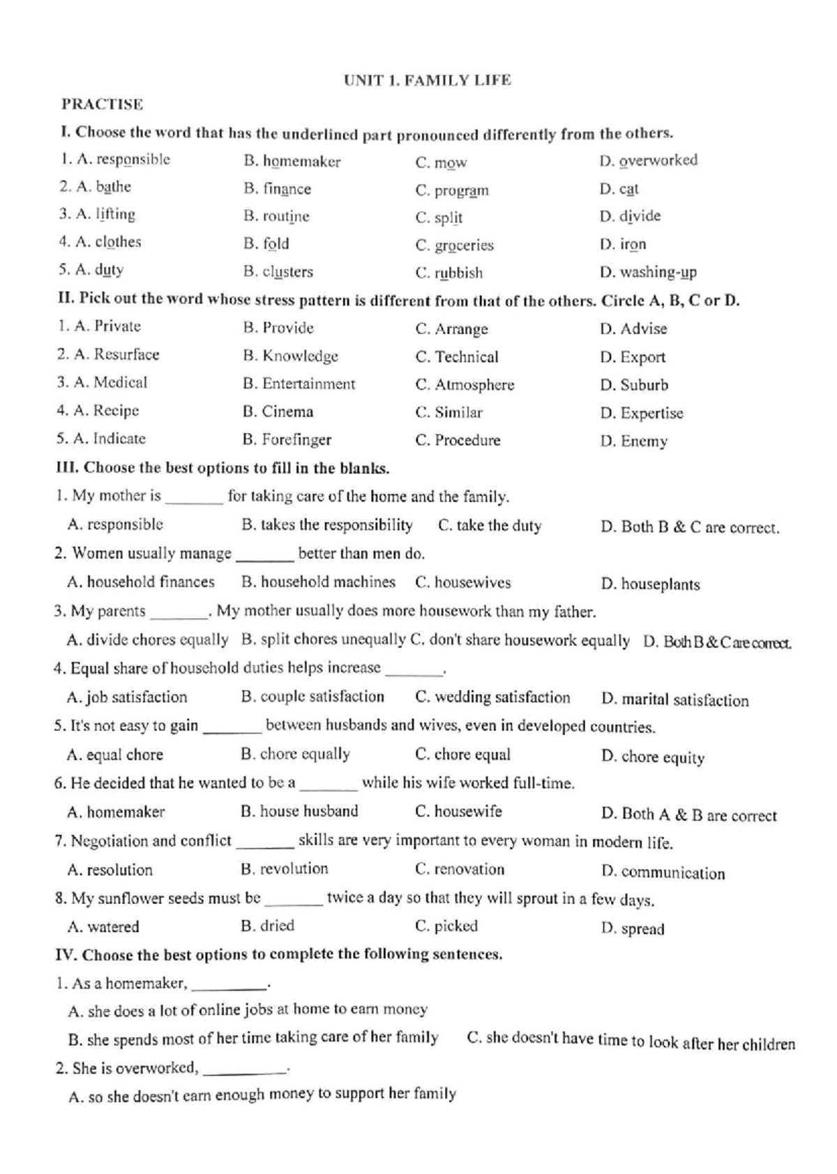 FAMILY LIFE PRACTICE I: Pronunciation and Stress Patterns Exercises ...