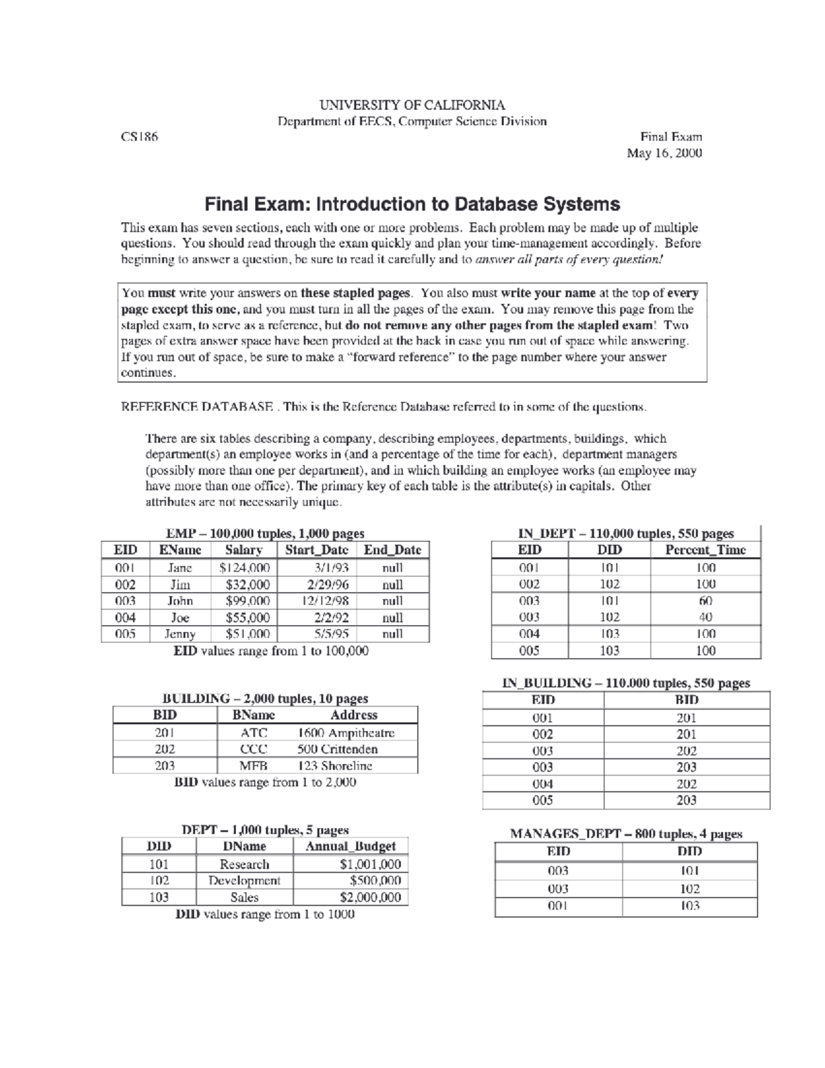 CS186 Final Exam: Introduction to Database Systems Review Guide - Studocu