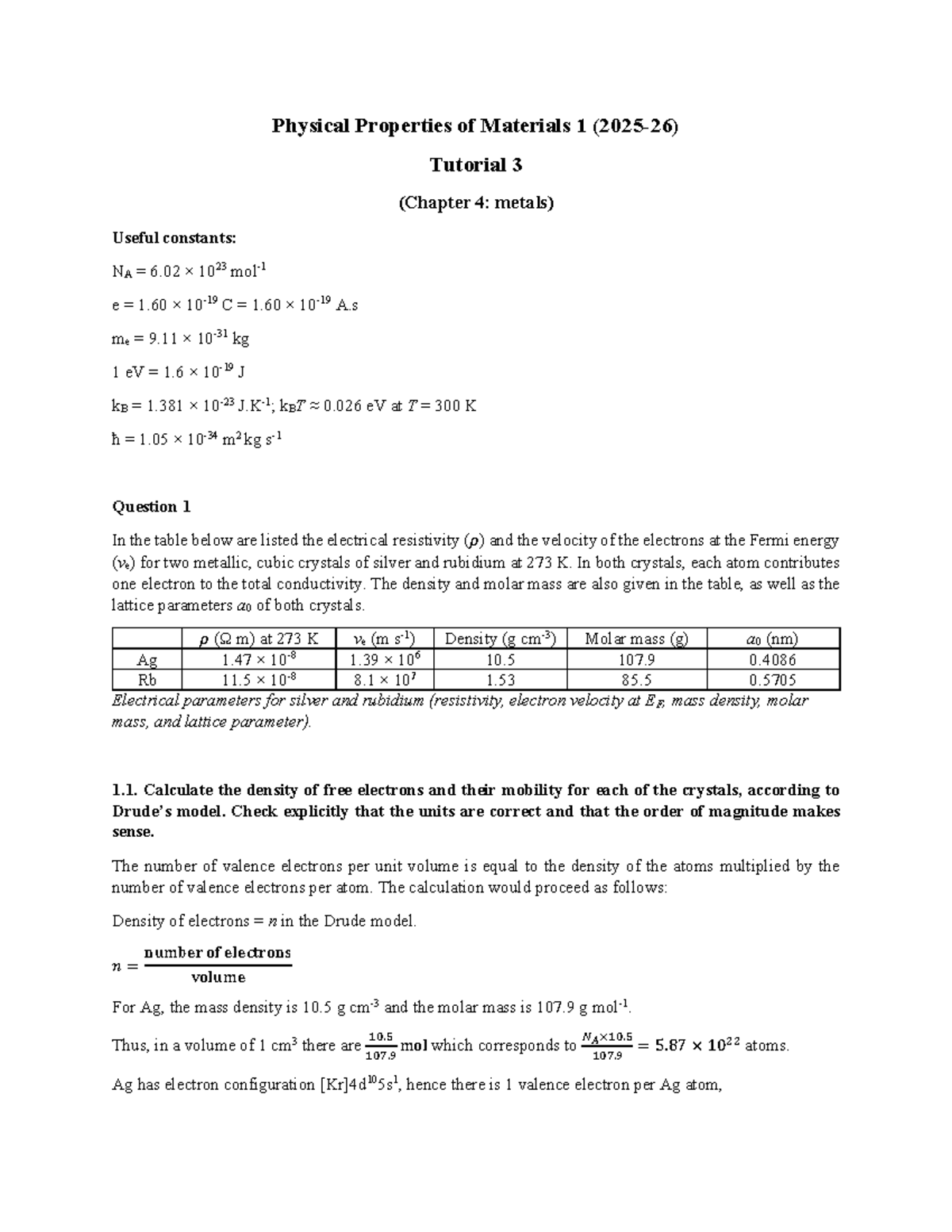 PPM1 Tutorial 3: Electrical Properties of Metals and Band Theory ...