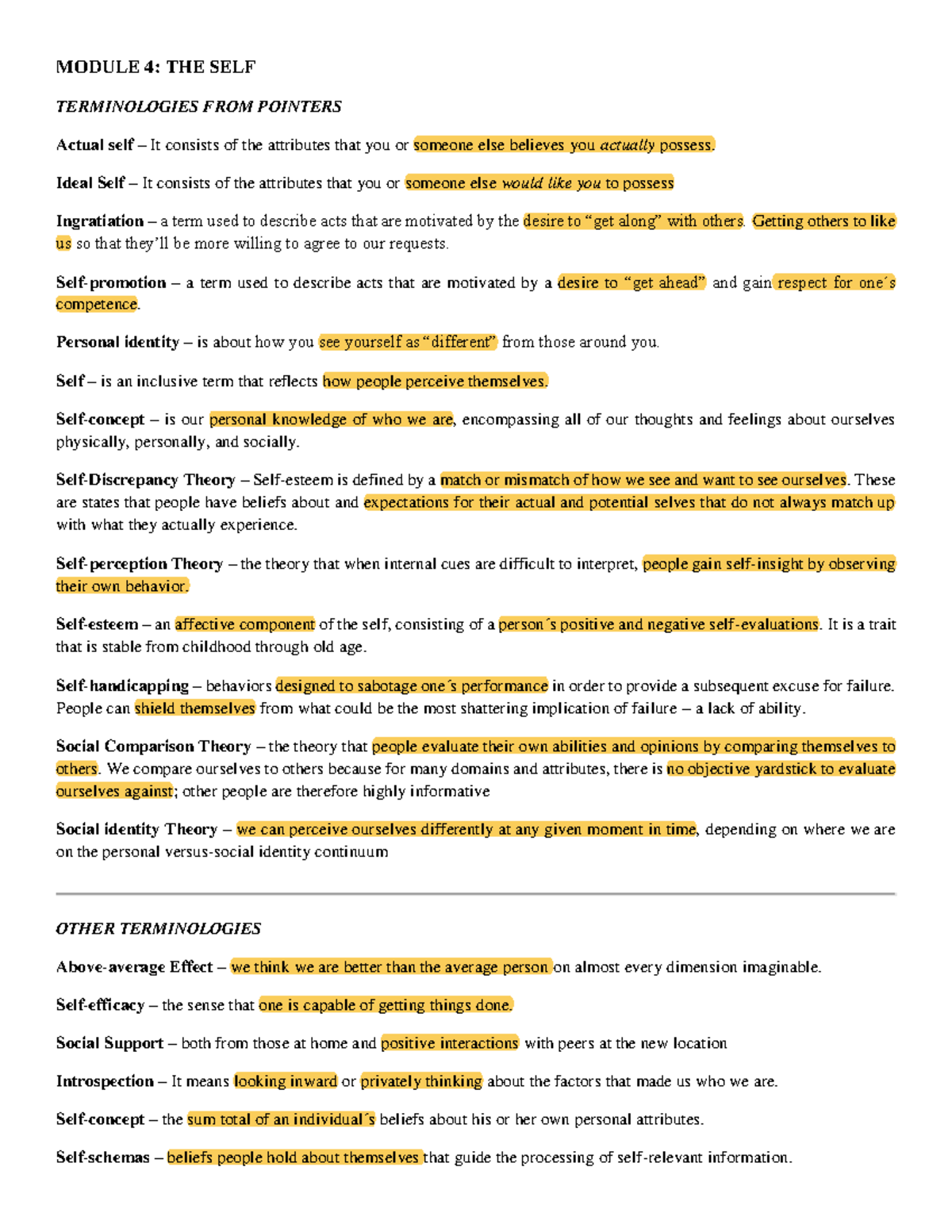 Reviewer in Social Psychology - MODULE 4: THE SELF TERMINOLOGIES FROM ...