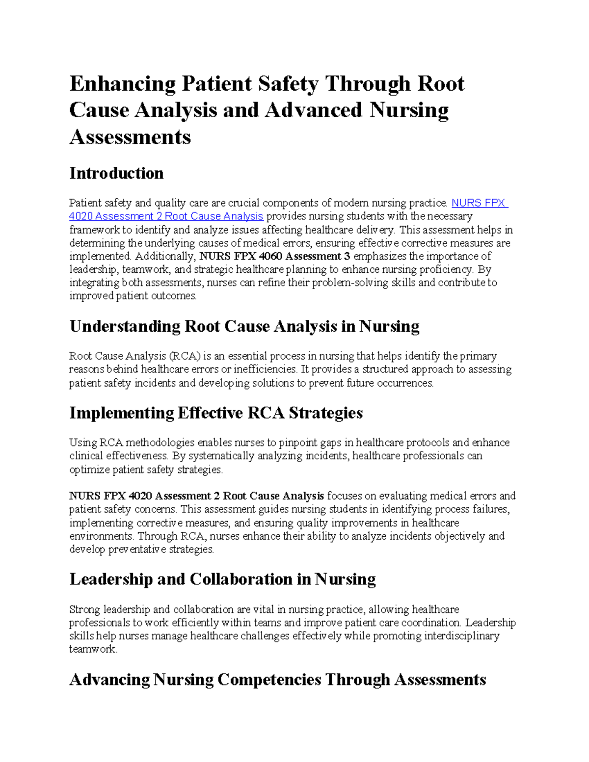 Enhancing Patient Safety: RCA & Nursing Assessments (NURS FPX 4020/4060 ...