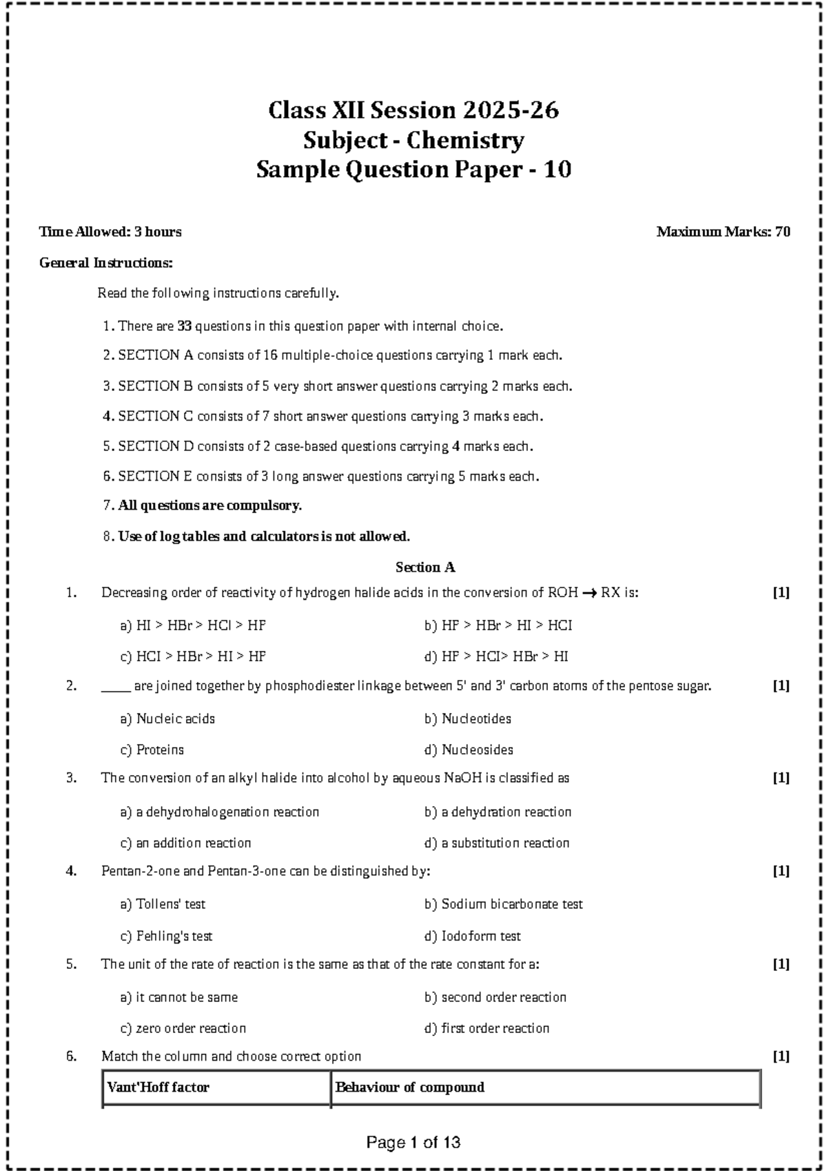 Class XII Chemistry Sample Question Paper 10 - 3 Hours, 70 Marks - Studocu