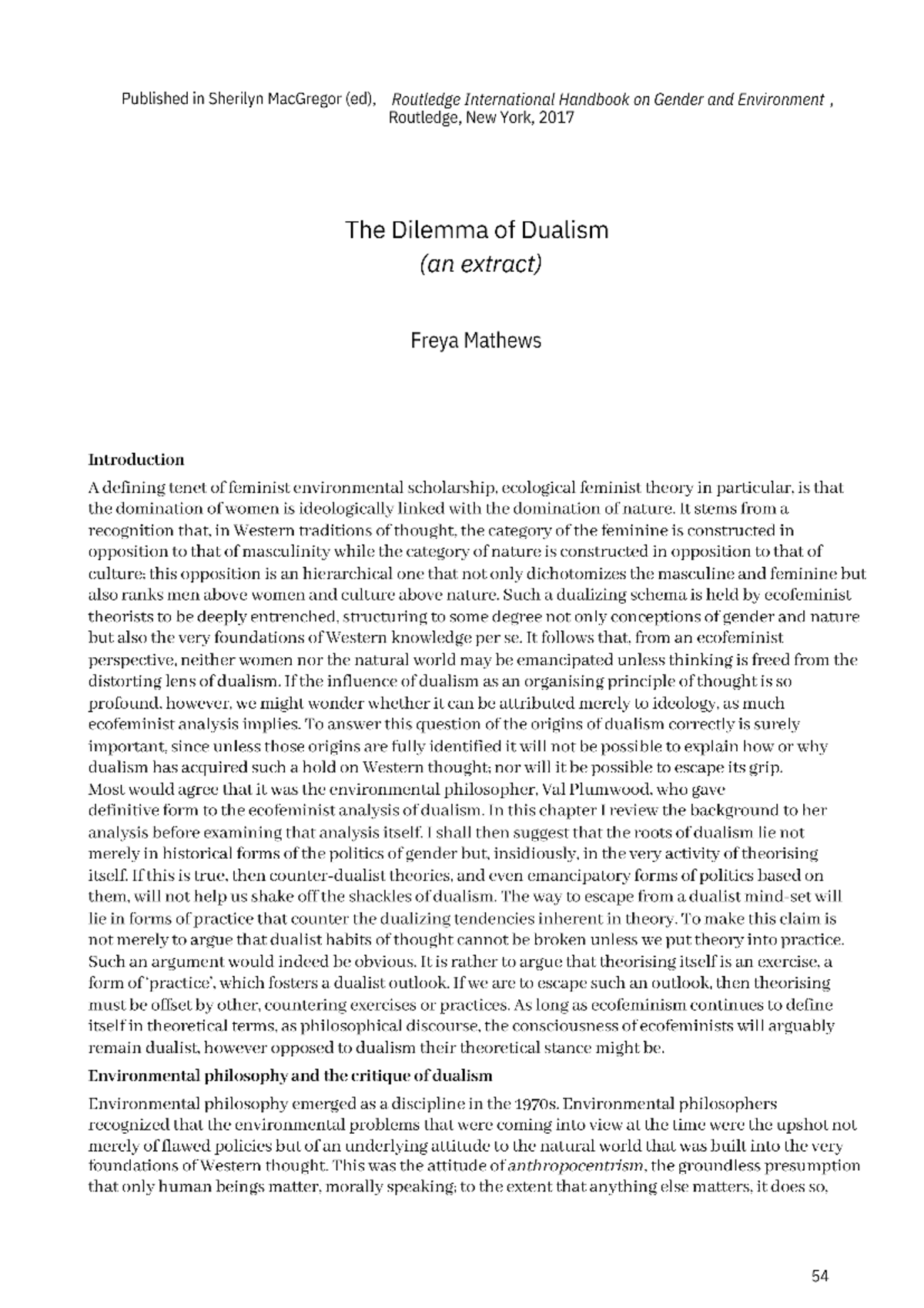 Ecofeminism and Dualism: Insights from Freya Mathews (2017) - Studocu