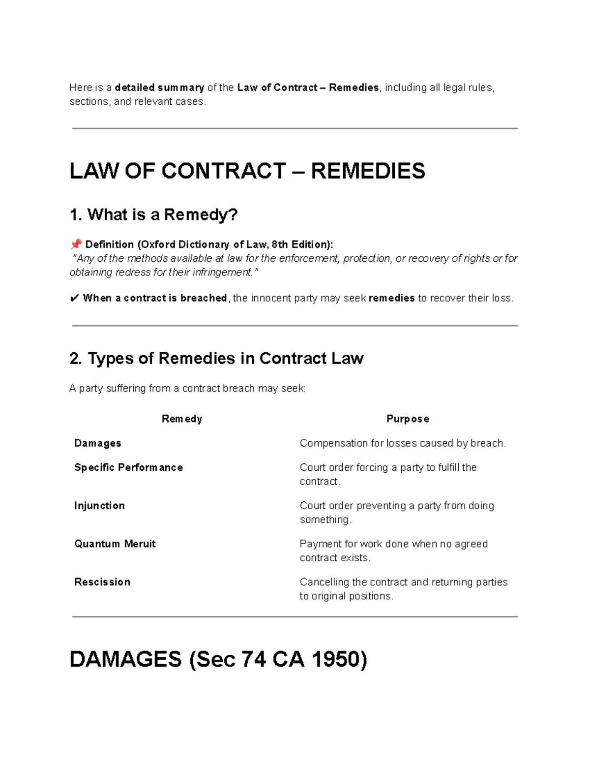 Remedies - LAW OF CONTRACT – REMEDIES 1. What is a Remedy? 📌 Definition ...