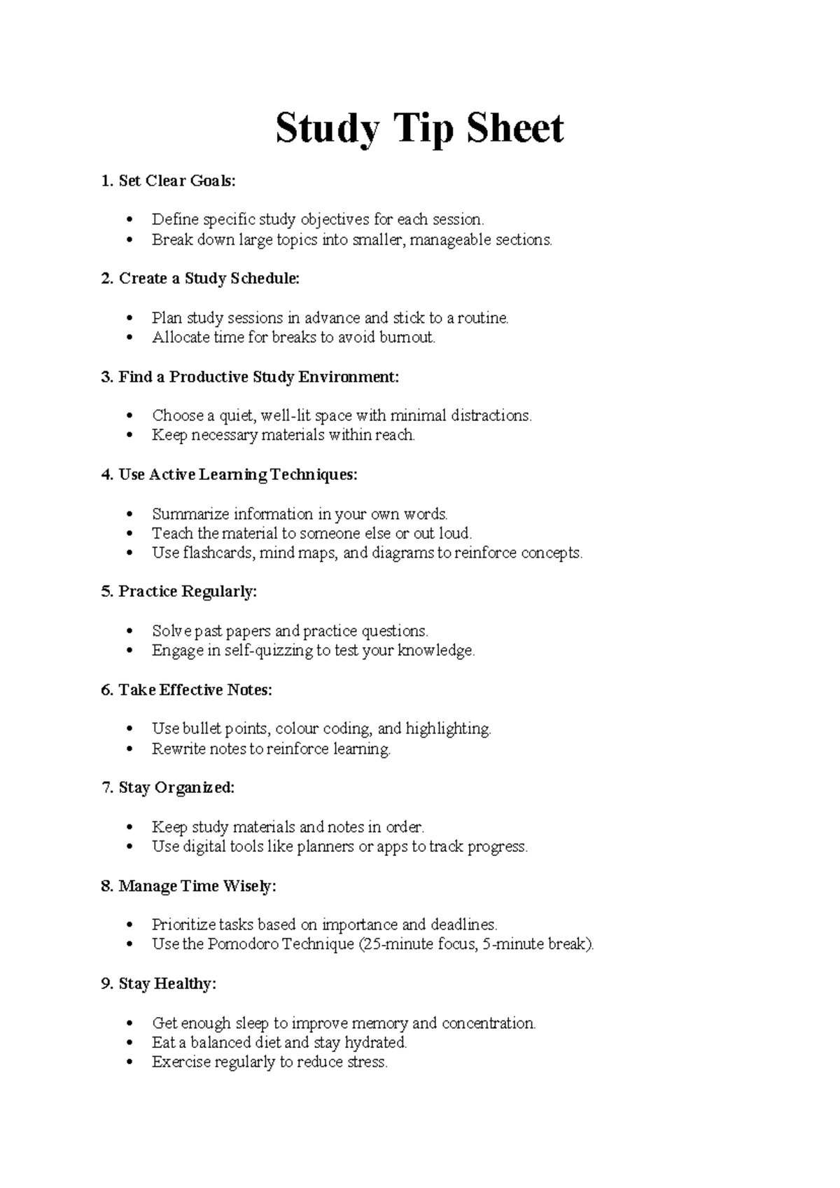 Study Tips Sheet for Effective Learning Strategies - Studocu