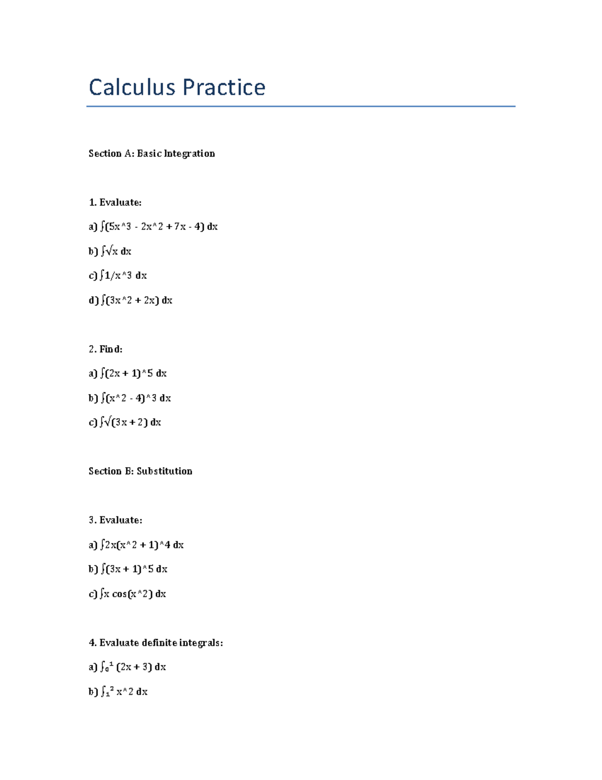 Calculus Practice: Integration Techniques and Applications - Studocu