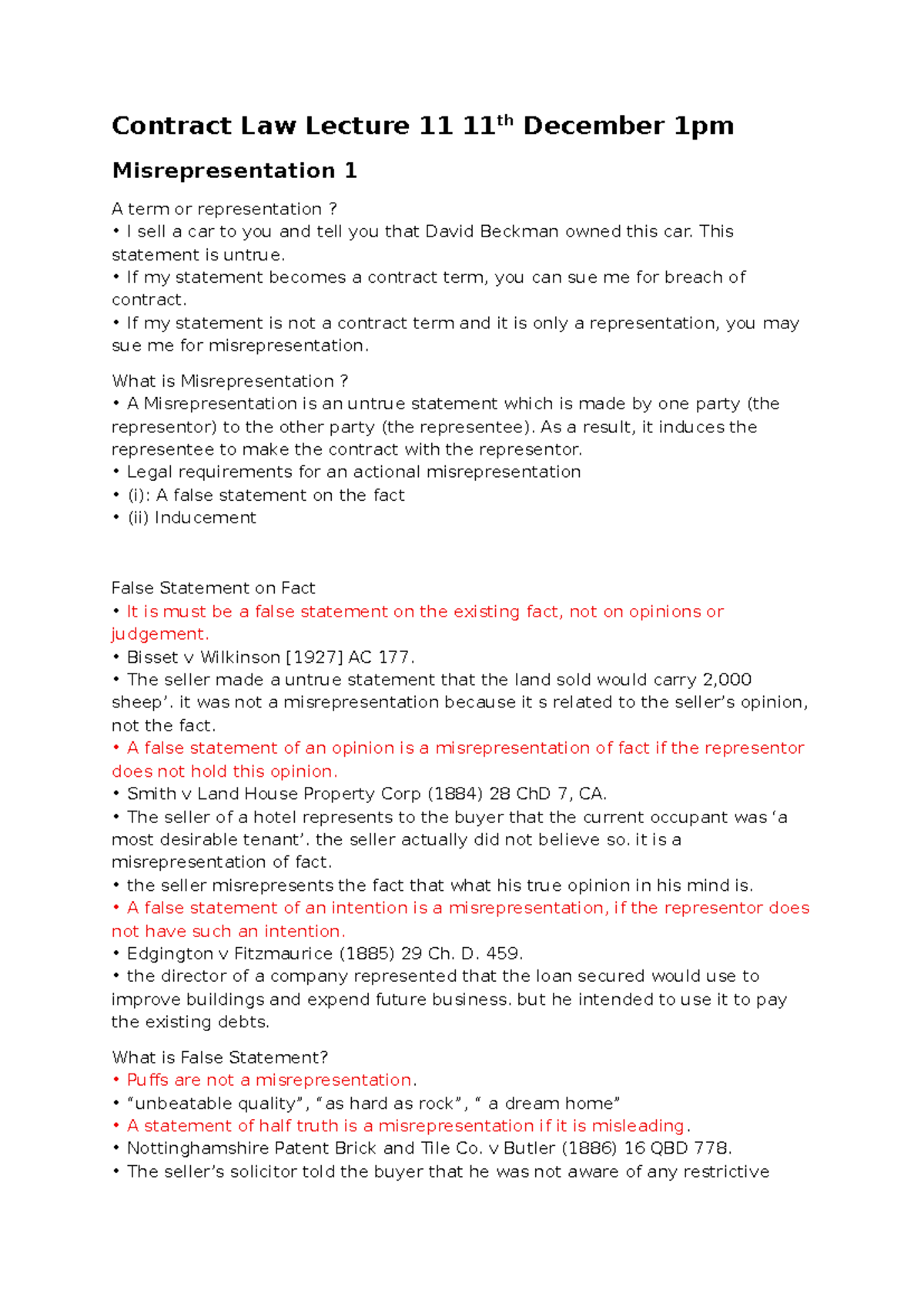 Contract Law Lecture 11: Misrepresentation Explained (11th Dec, 1pm ...