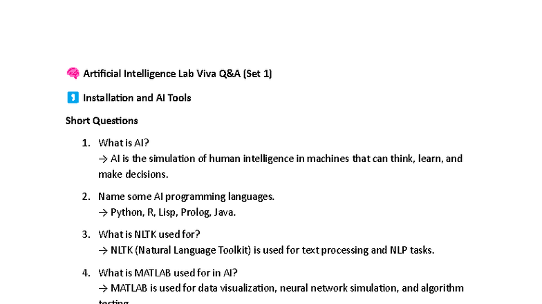 Artificial Intelligence Lab Viva Questions (Set 1 & 2) - Studocu
