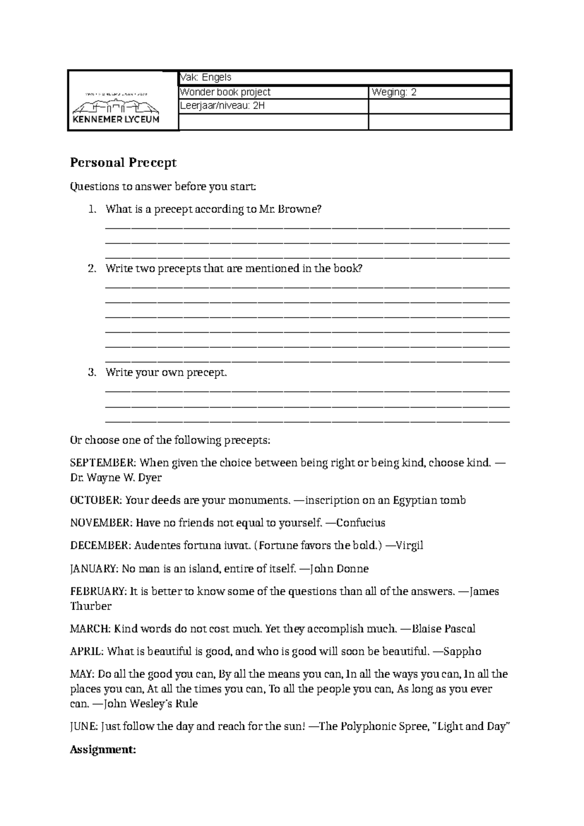 2H Wonder Project: Personal Precept Assignment Guidelines - Studeersnel