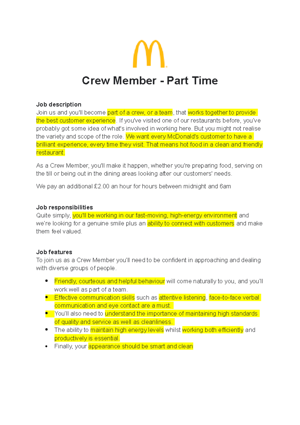 Mc Donalds crew member job advert example - Crew Member - Part Time Job ...