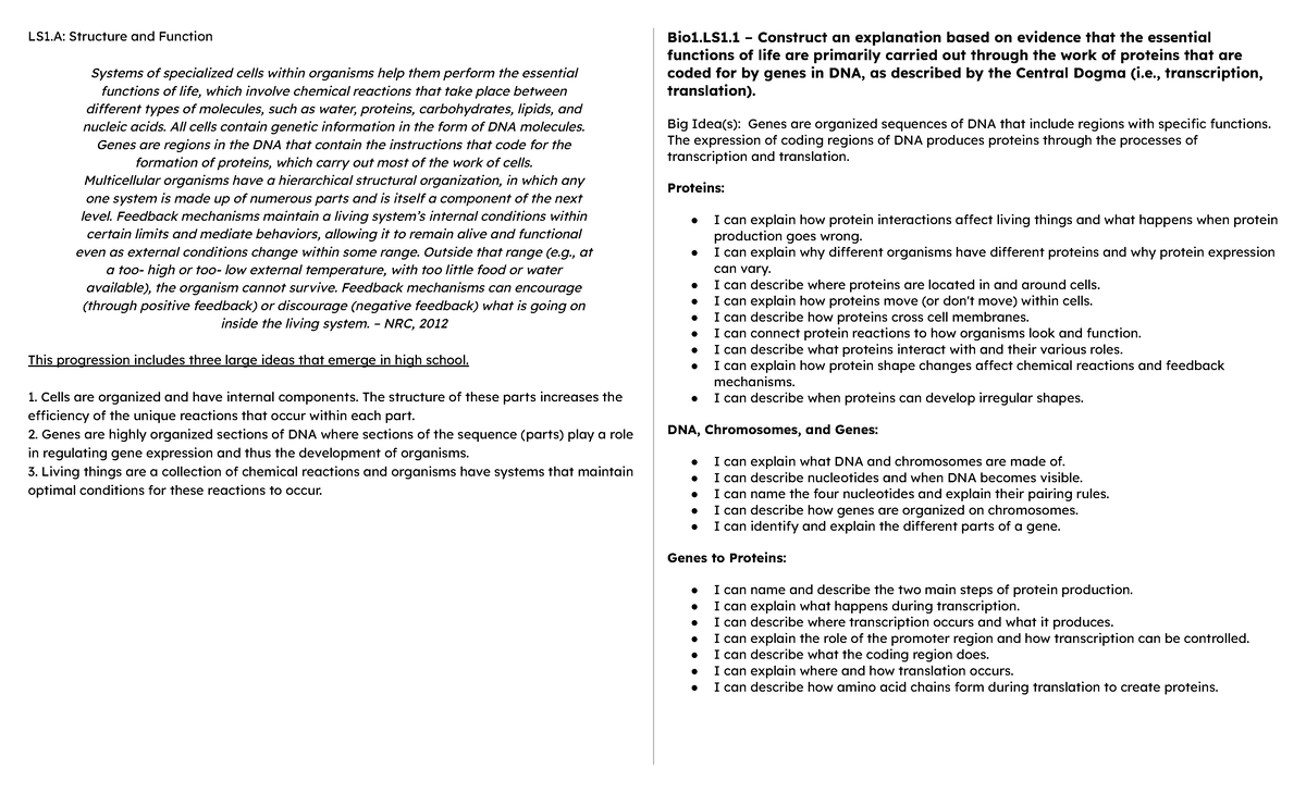 LS1.A: Structure & Function of Cells and Organisms - Honors Unit 1 ...