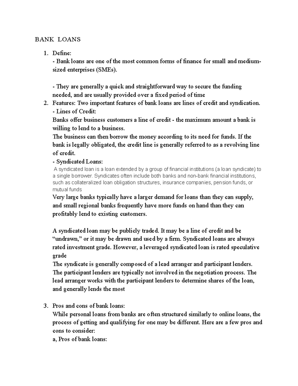 BANK Loans Overview: Definition, Features, Pros & Cons - Studocu