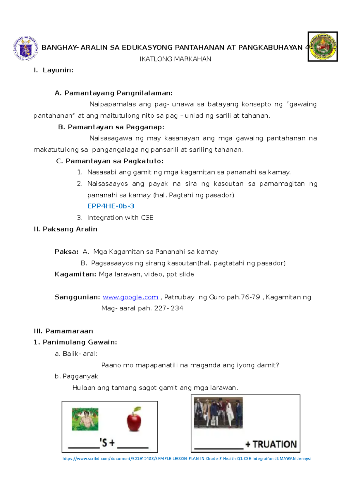 Lesson Plan in EPP 4: CSE Integration for Home Economics Education ...