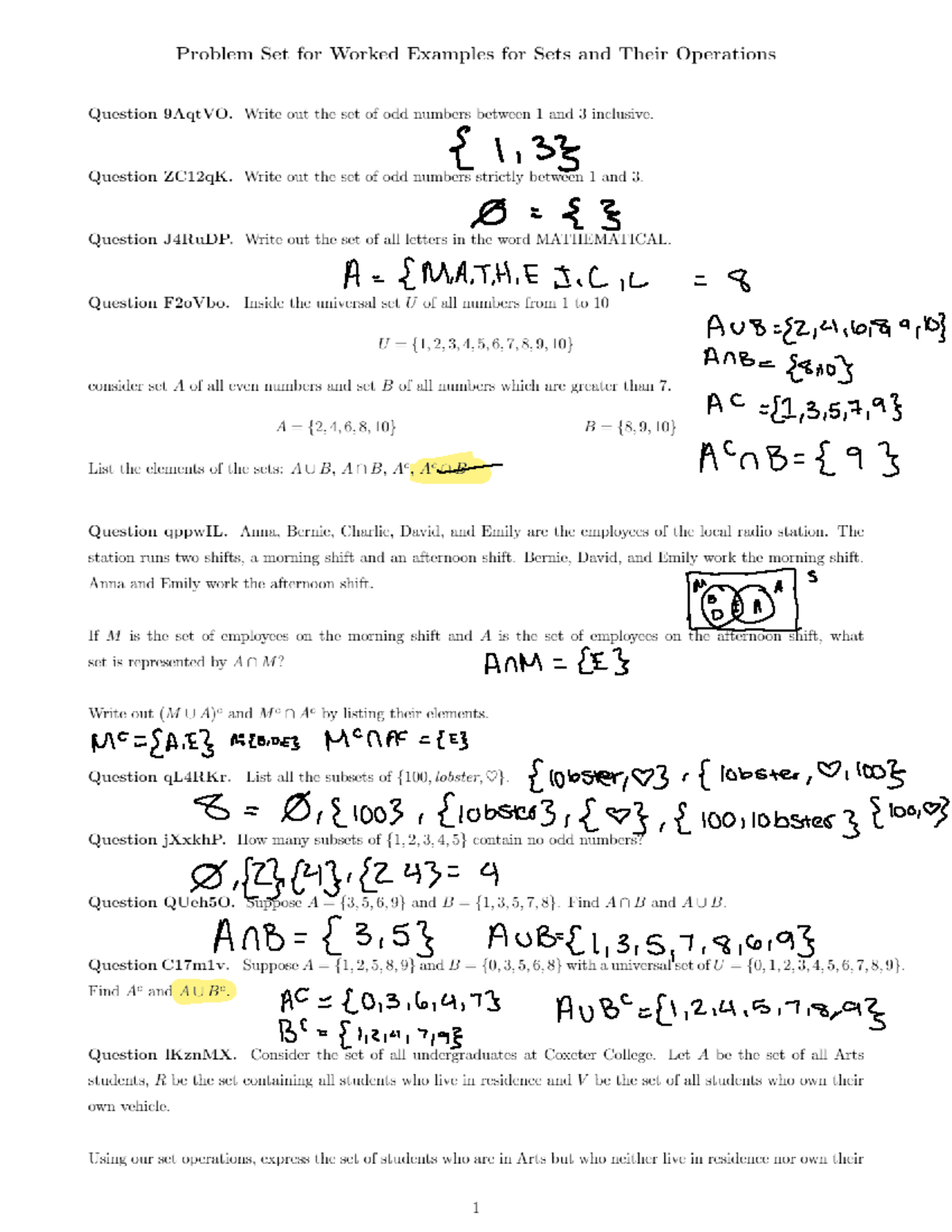 Math homework completed - Problem Set for Worked Examples for Sets and ...