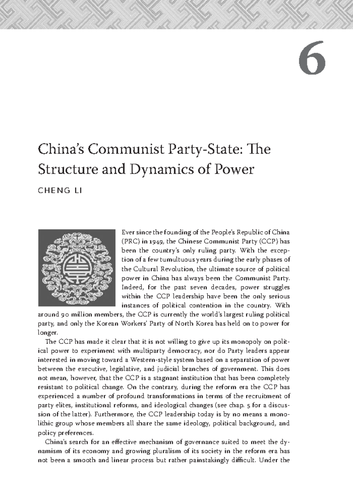 WEEK 6: The Structure and Dynamics of Power in China's Communist Party ...