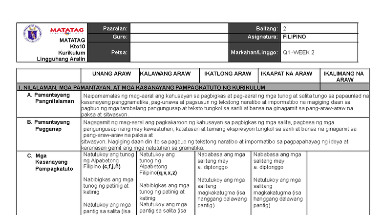 G2 Filipino DLL W2 - Detalyadong Plano ng Aralin para sa Baitang 2 ...