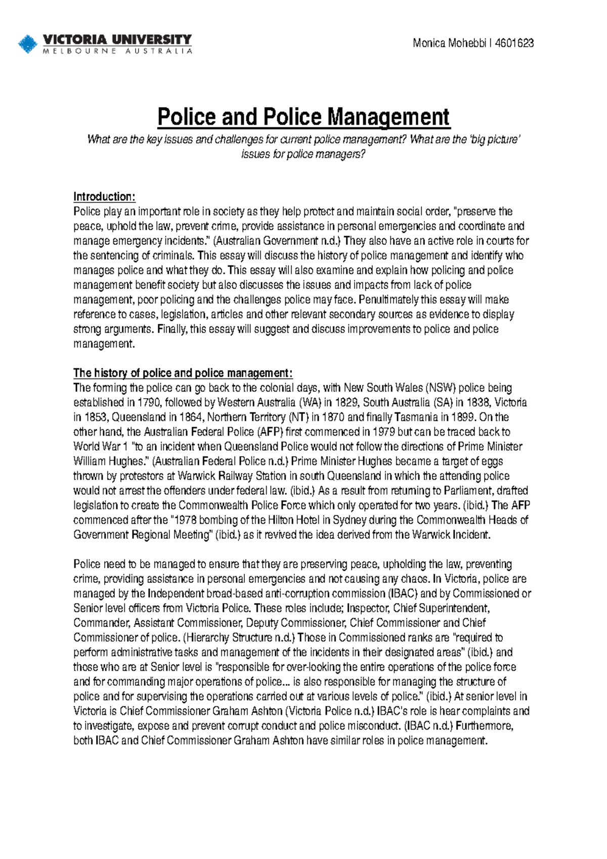 Assignment 2 - got a HD - Police and Police Management What are the key ...