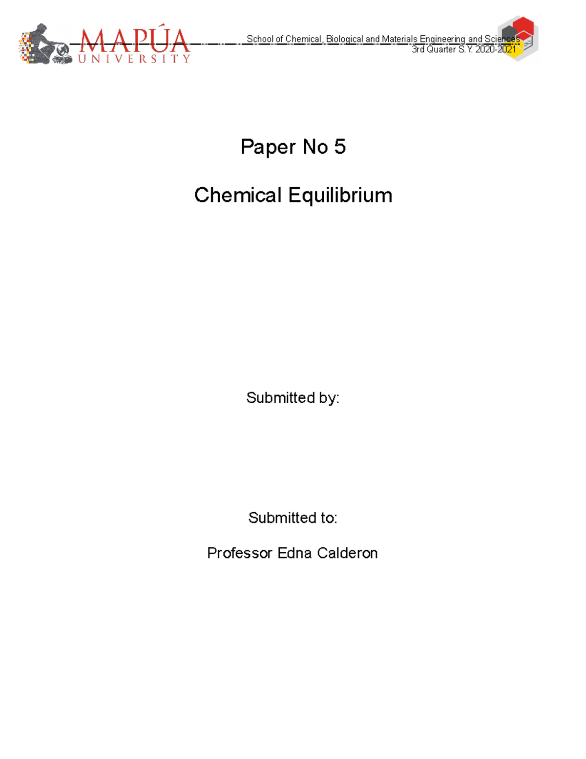 Chemical Equilibrium Experiment - Paper No 5 (3rd Qtr S.Y. 2020) - Studocu