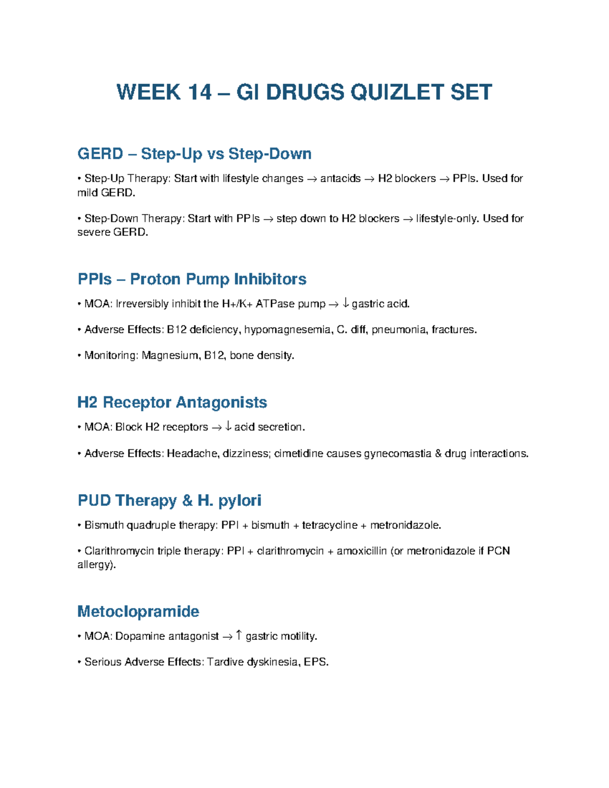 WEEK 14 GI DRUGS QUIZLET: GERD, PUD, and Therapy Insights - Studocu