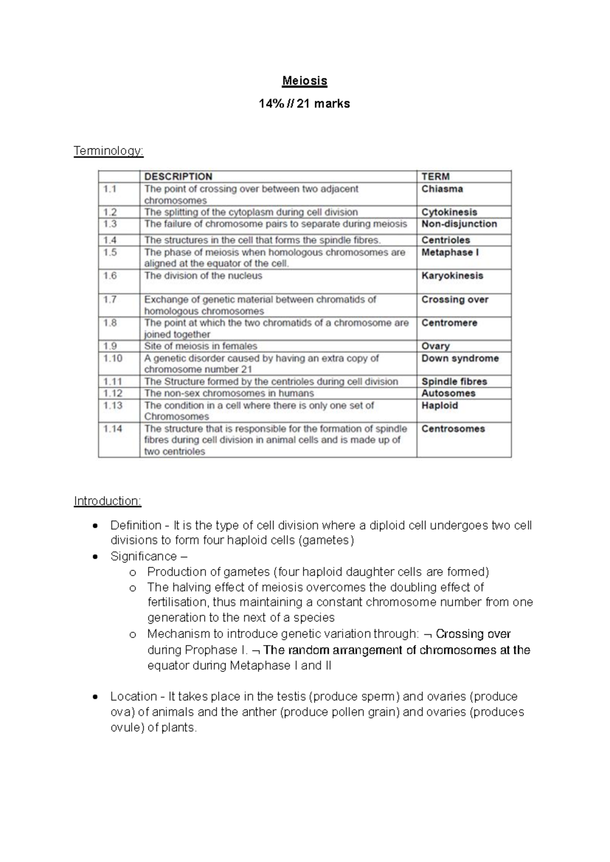 Meiosis Notes (Grade 12) - Key Terminology and Processes Explained ...