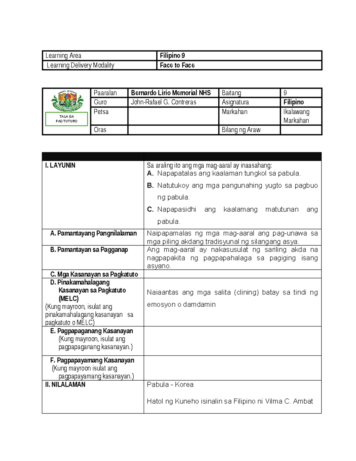 Filipino 9 Lesson on Pabula: Day 1 Activities & Objectives - Studocu