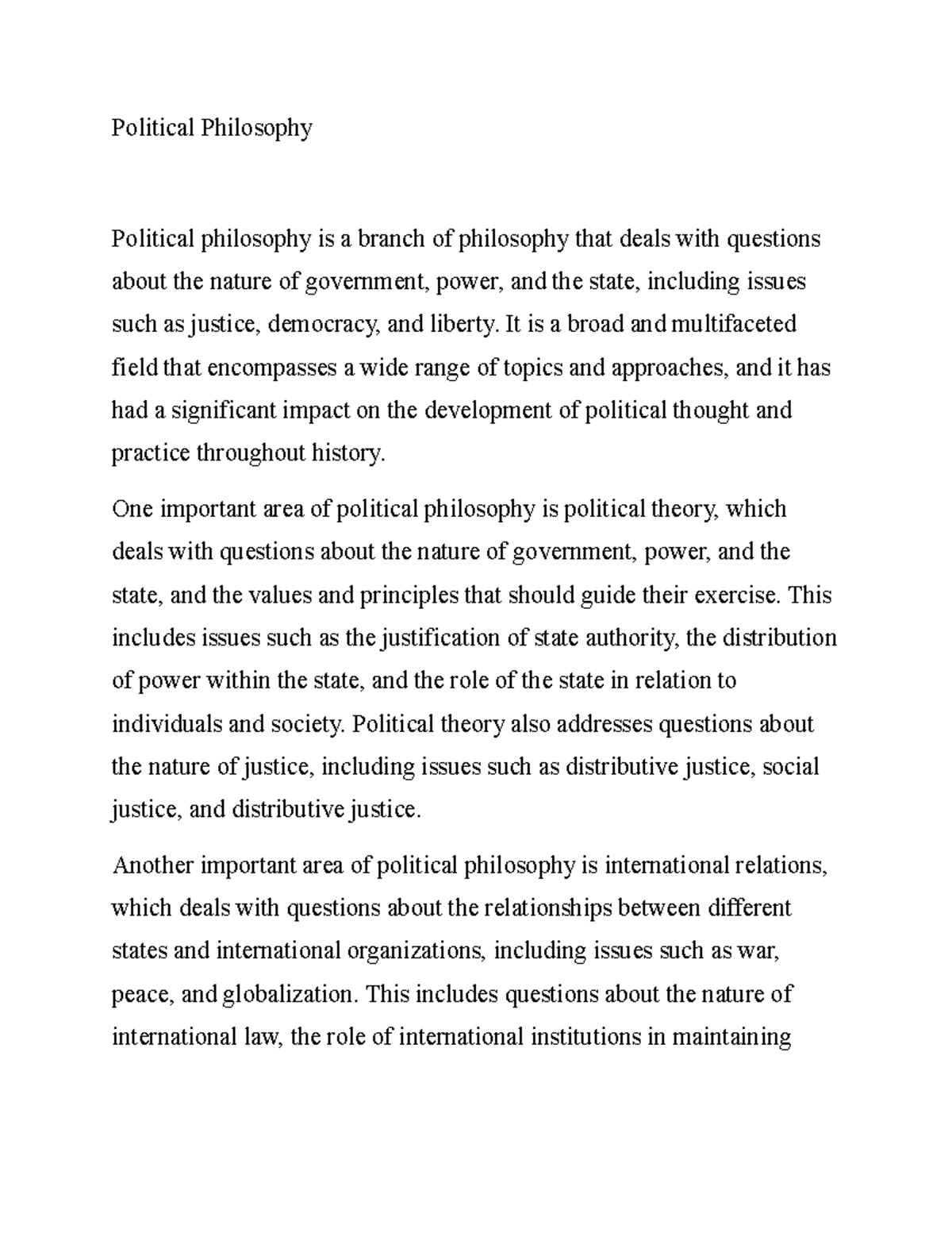 Political Philosophy - Political Philosophy Political philosophy is a ...