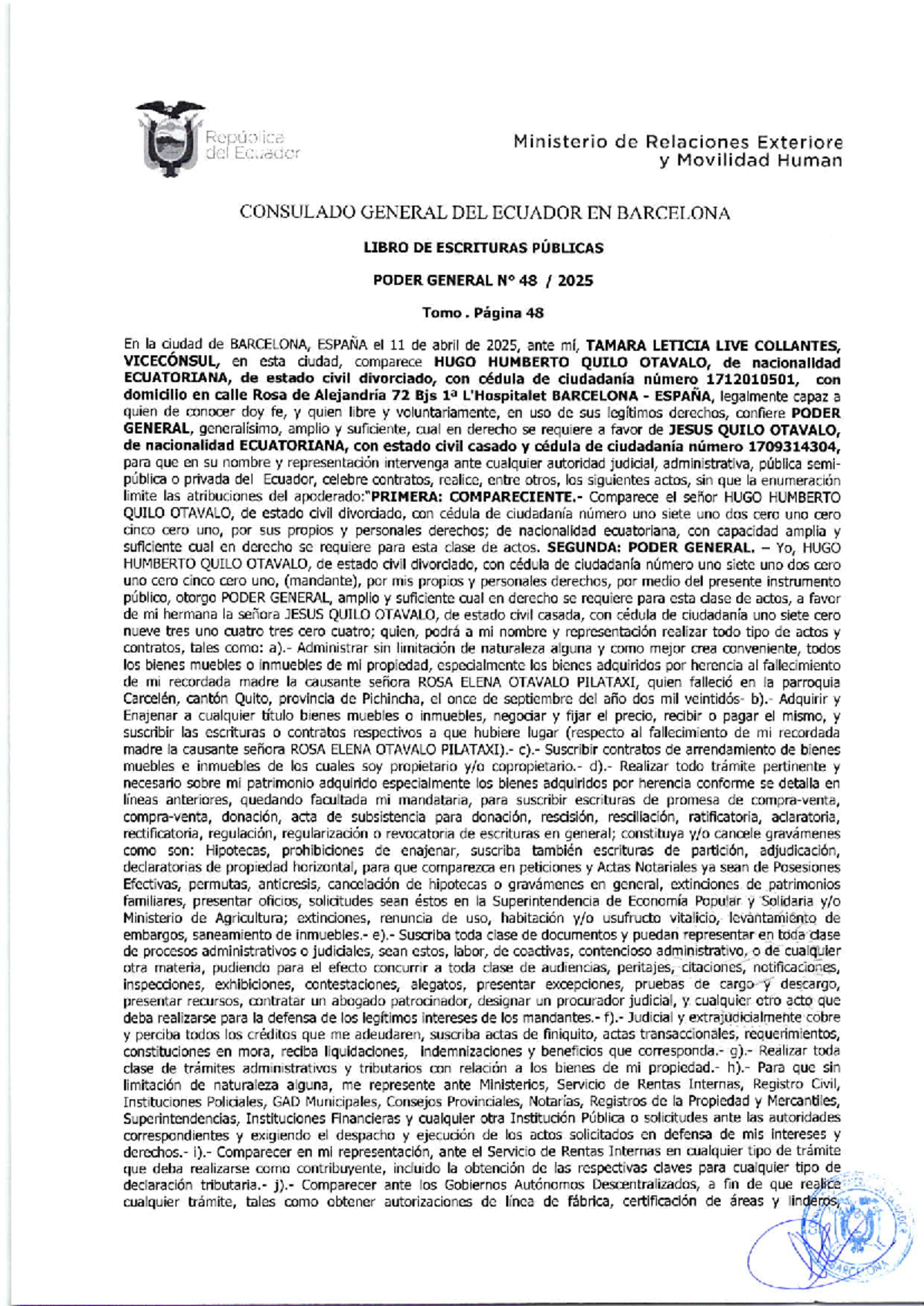 ACTO Notarial: Poder General y Primera Copia No. 48 - Consulado Ecuador ...