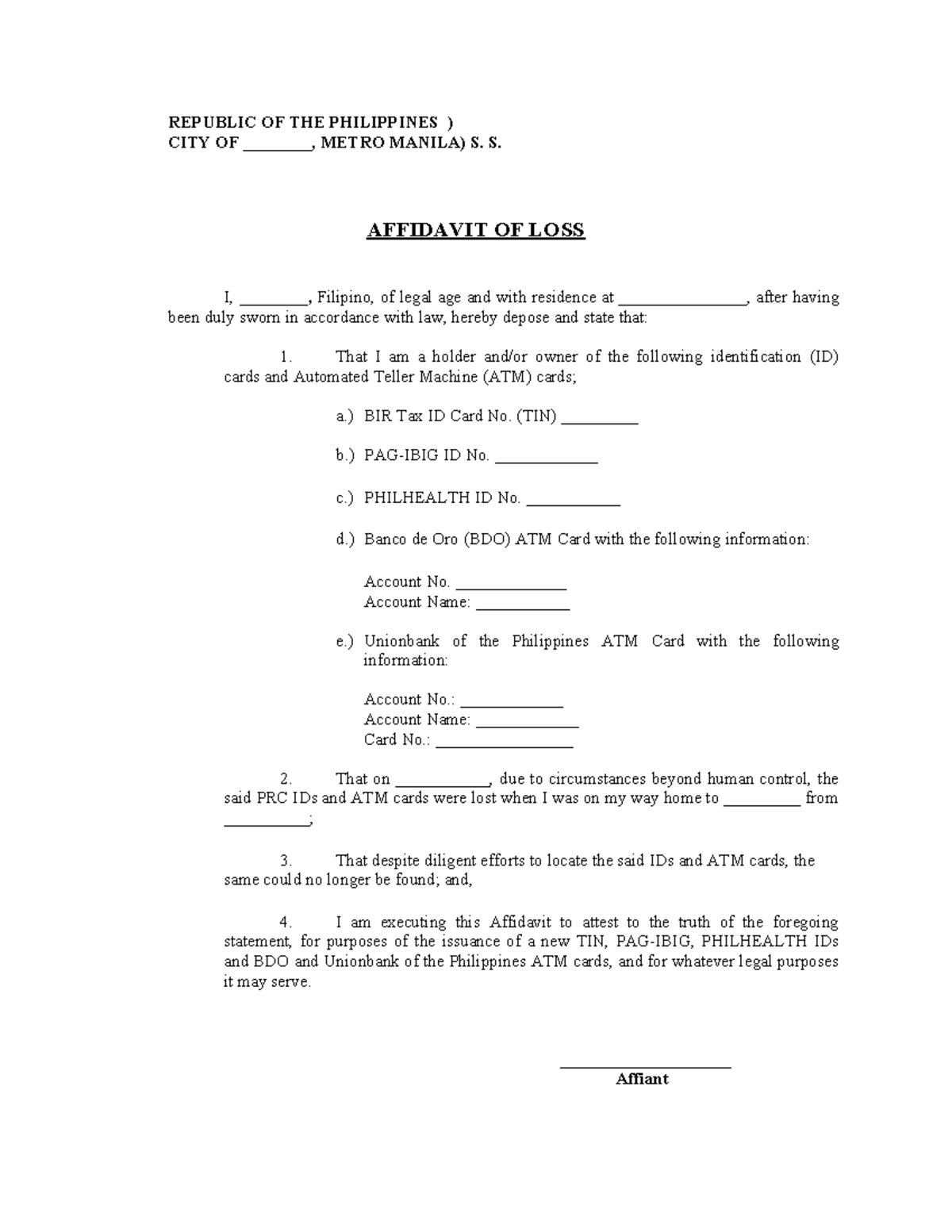 Affidavit of Loss - IDs & ATM Cards Sample Document - Studocu