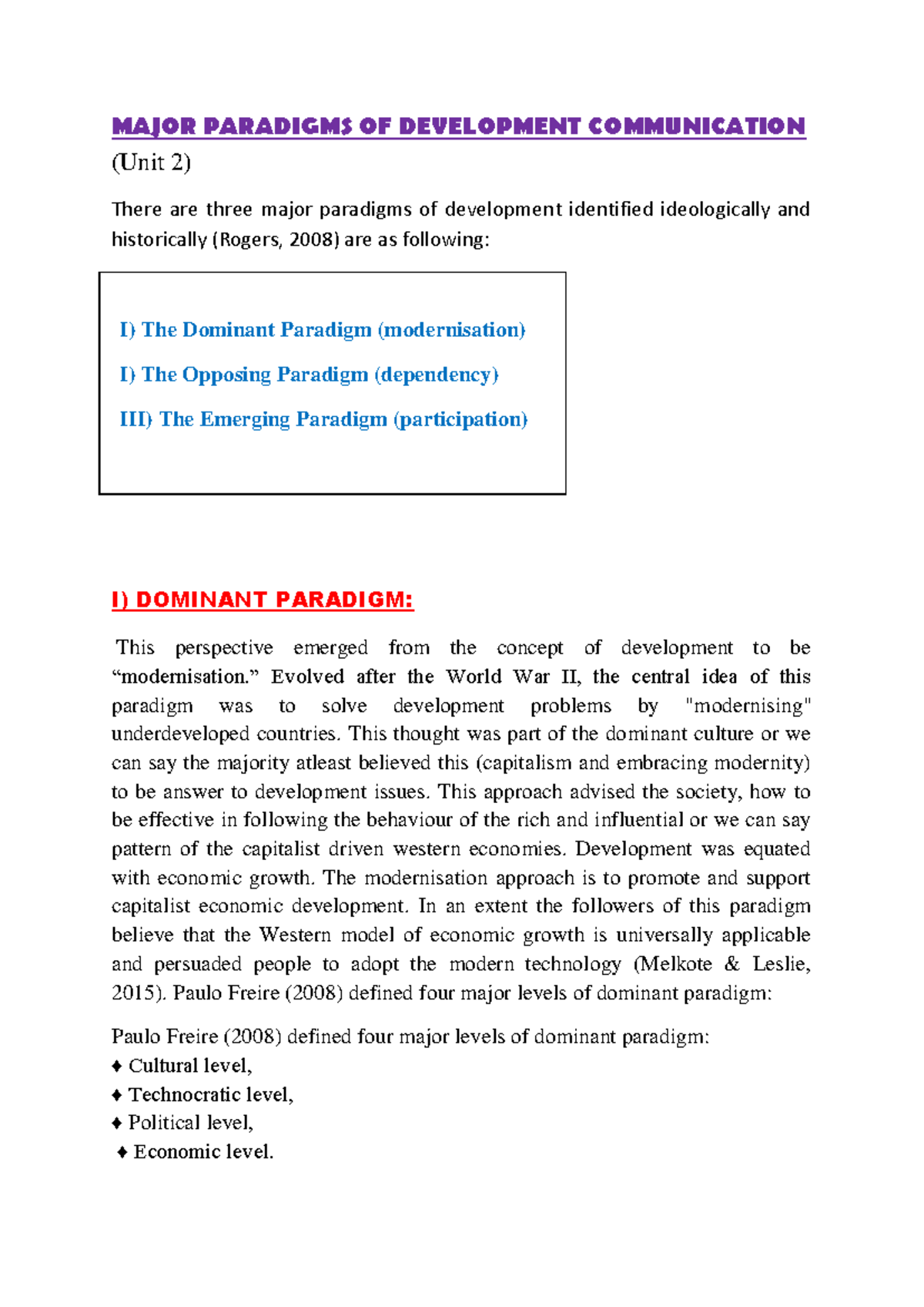 Development Communication Paradigms - Unit 2 Overview - Studocu
