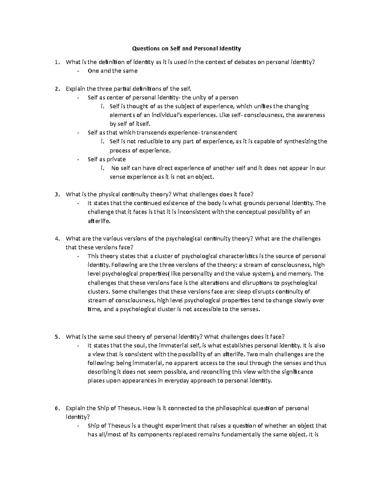 Philosophy Questions on Self & Personal Identity - Course Study Guide ...
