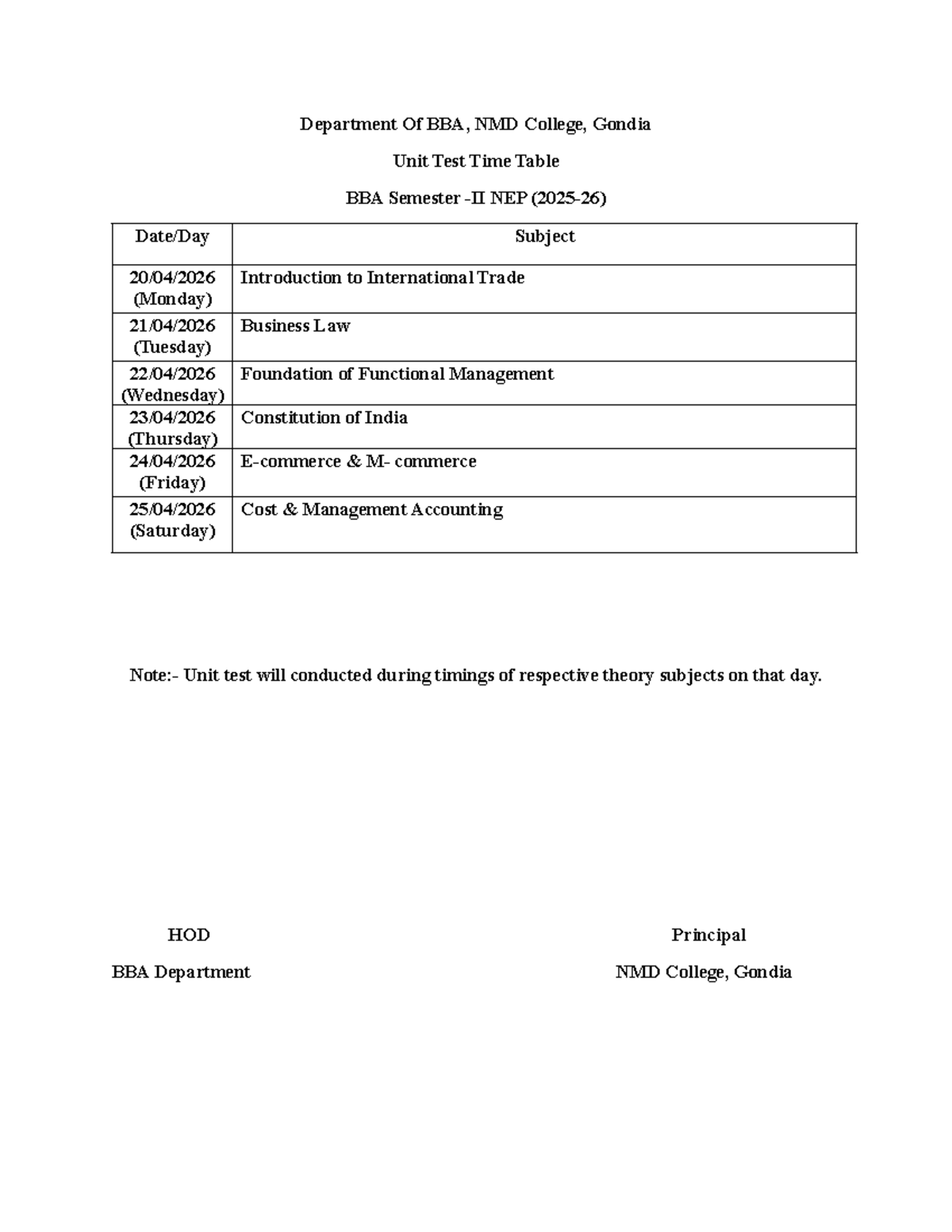 BBA Semester NEP Unit Test Time Table 2025-26 - Studocu