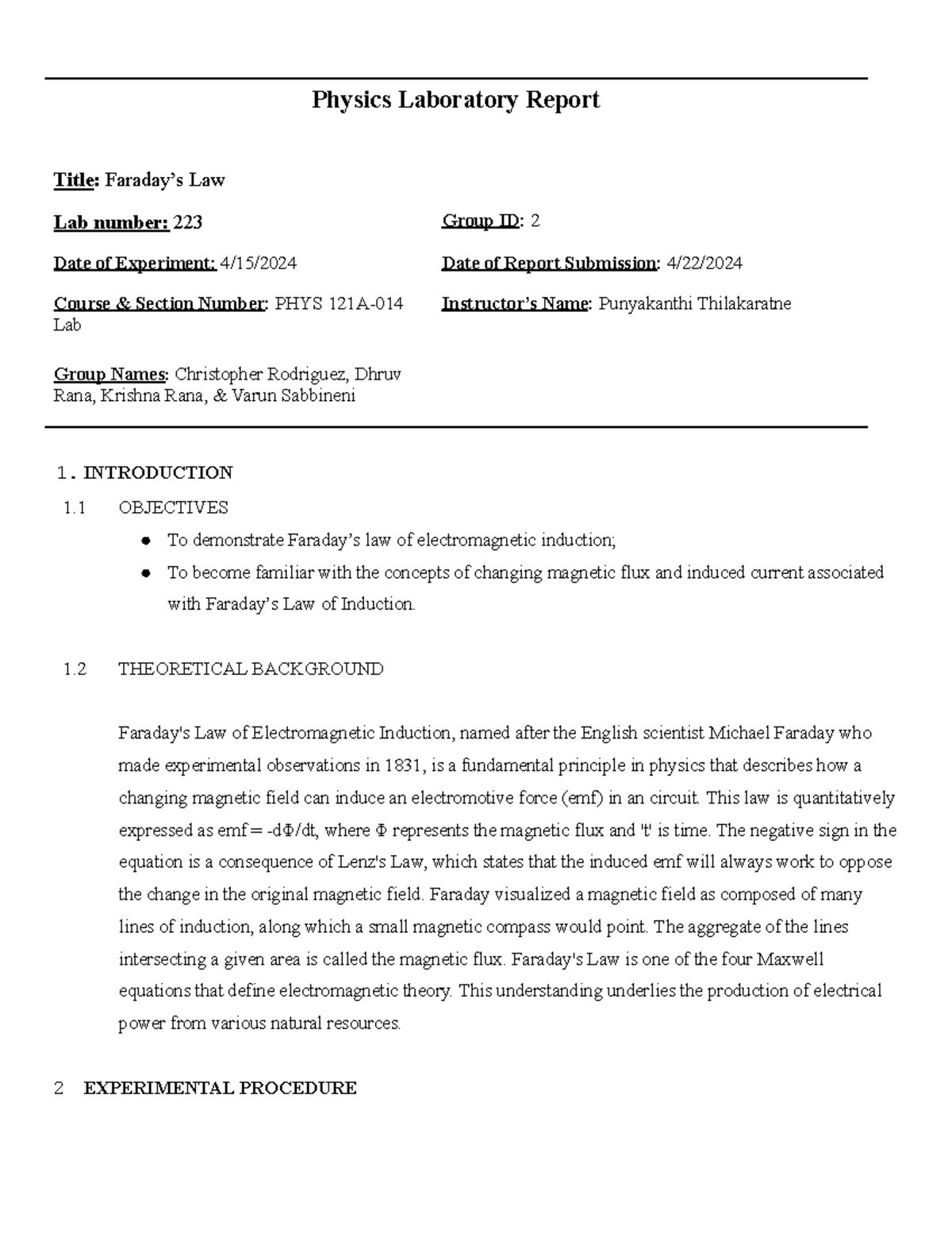 Phys 121a Lab 223 Report Exploring Faraday S Law Of Induction Studocu