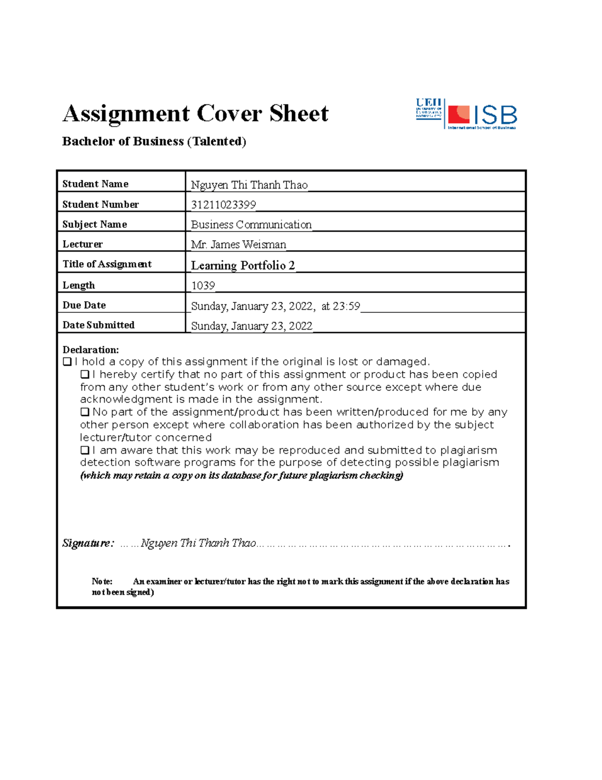 LP2- Nguyen Thi Thanh Thao - Learning Portfolio - Assignment Cover ...