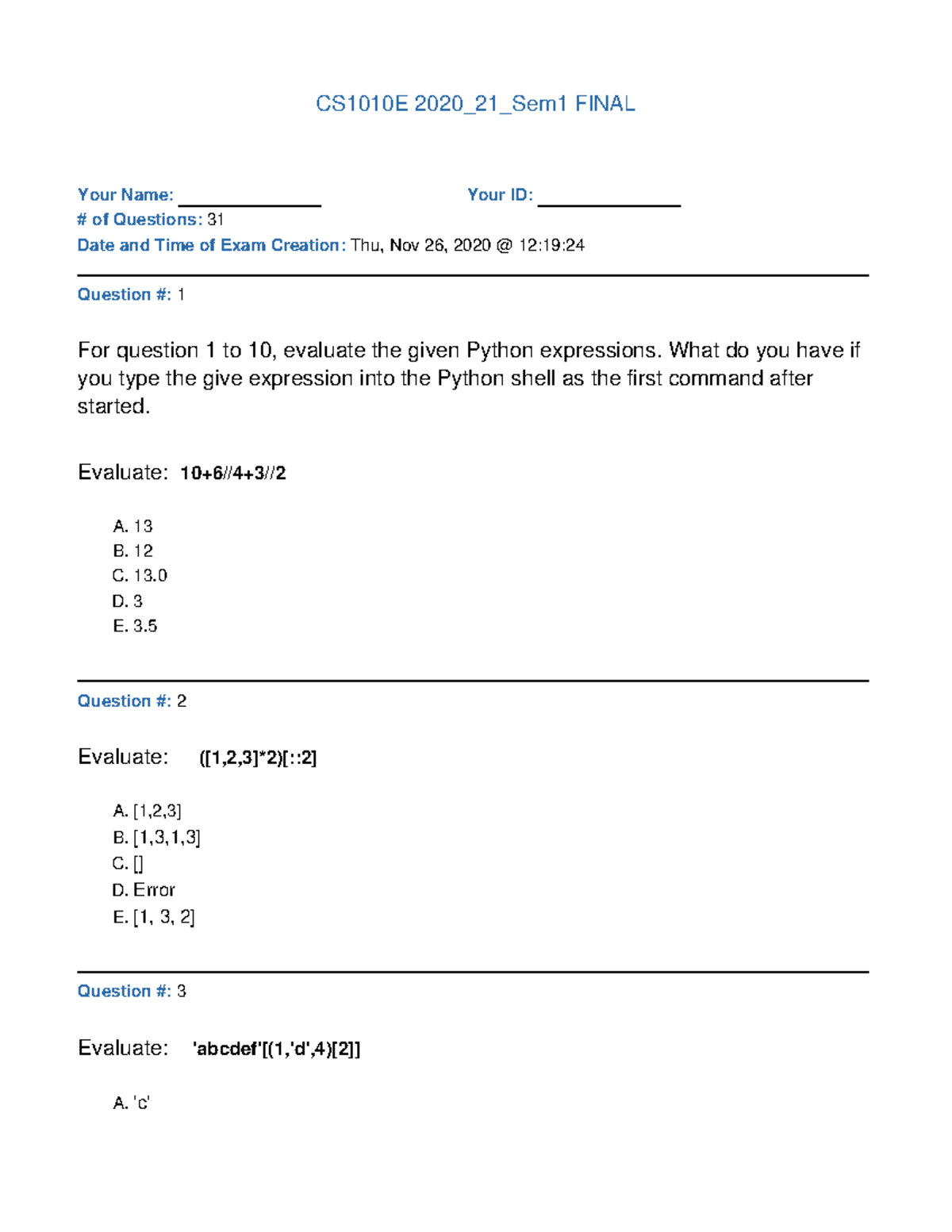 2021SEM1-CS1010E - Final - CS1010E 2020_21_Sem1 FINAL Your Name: Your ...