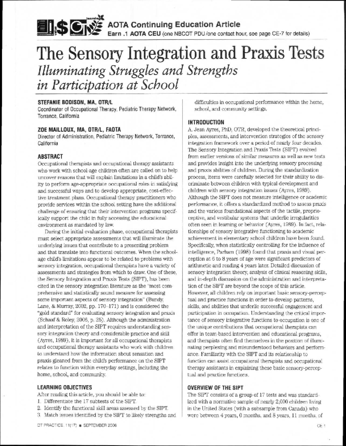 AOTA CE Article: Sensory Integration & Praxis Tests Overview (50SIPT ...