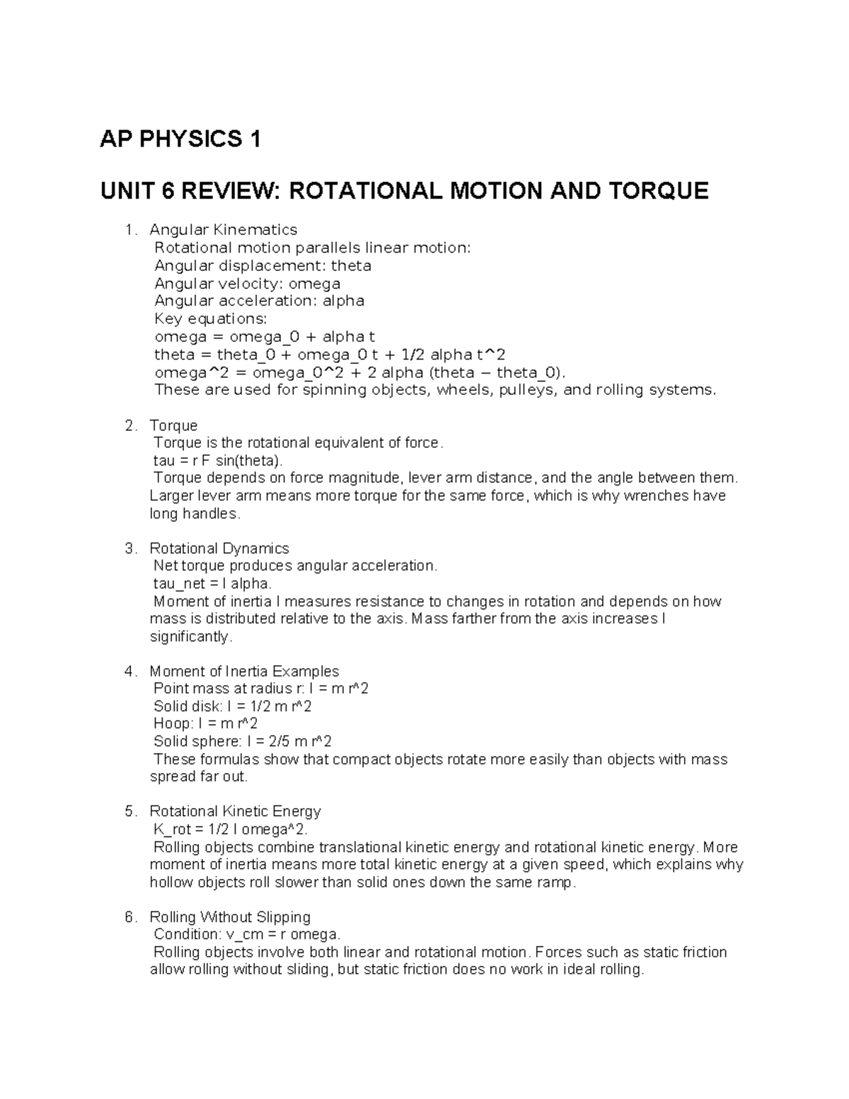 AP PHYSICS 1 UNIT 6 STUDY CARDS: ROTATIONAL MOTION & TORQUE - Studocu